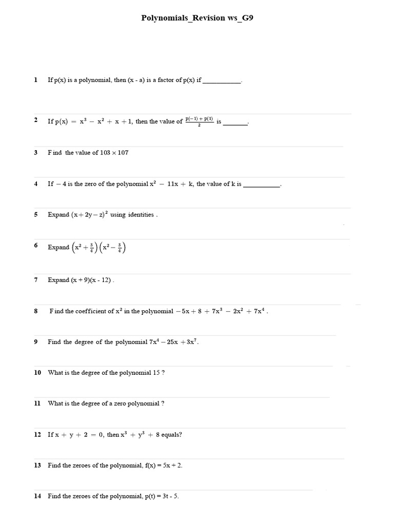 Polynomials - Revision Ws - G9 | PDF | Teaching Methods & Materials