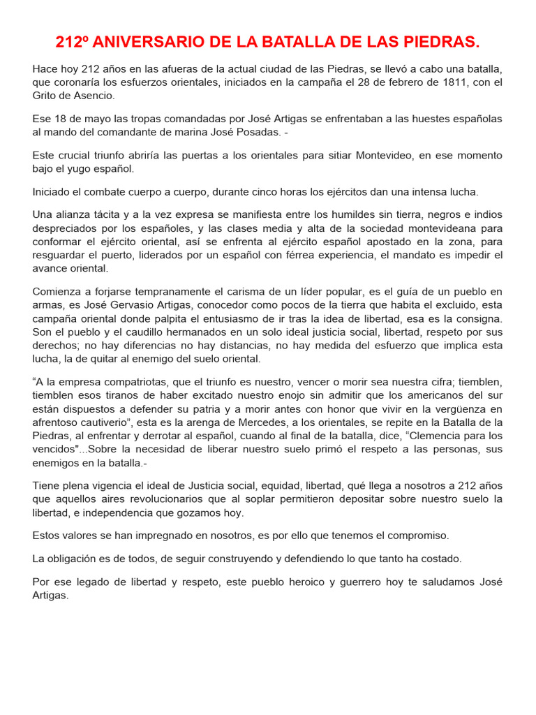 212 Años del Combate de las Piedras | PDF | España | América del Sur