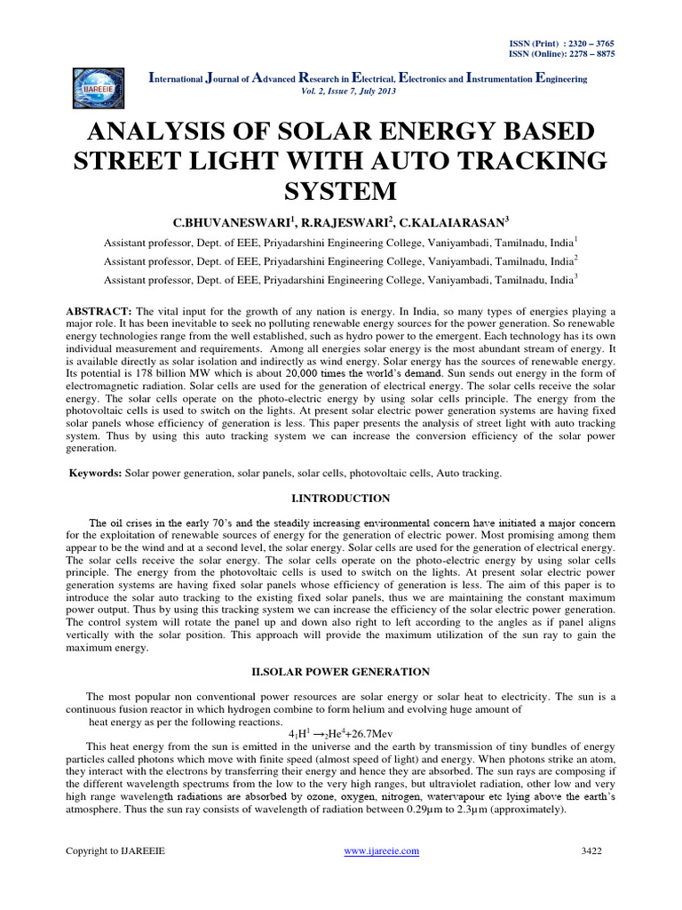 Analysis of Solar Energy Based Street Light With Auto Tracking System | PDF | Solar Power ...