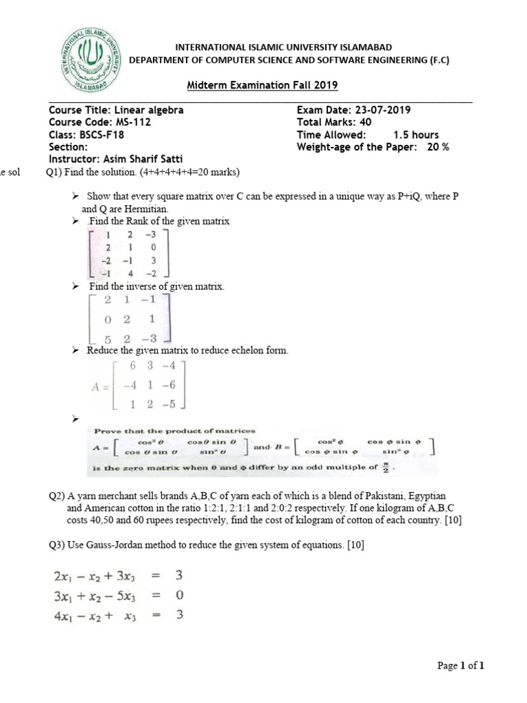 Mid-Term Linear Algebra | PDF