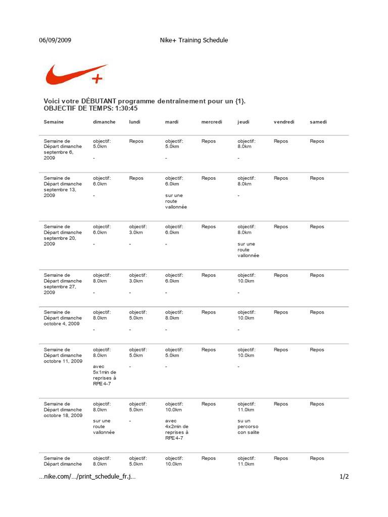 Nike+ Training Schedule | PDF