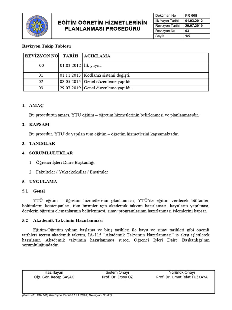 PR-008-Eğitim Öğretim Hizmetlerinin Planlanması Prosedürü(1) | PDF