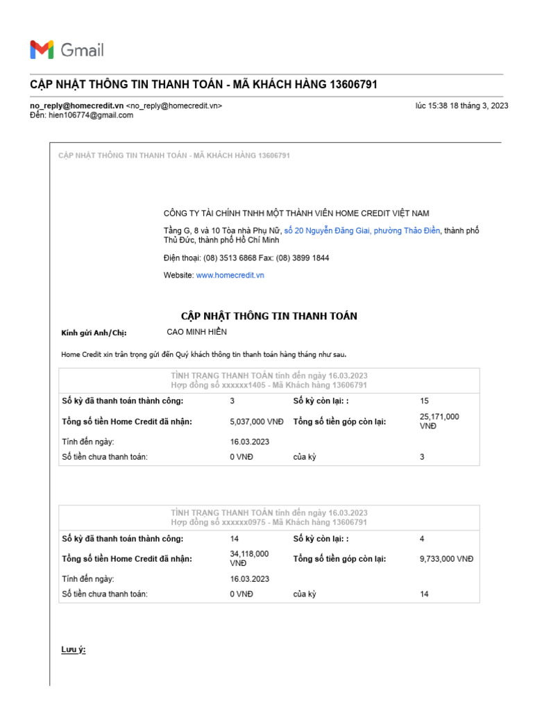 Gmail - CẬP NHẬT THÔNG TIN THANH TOÁN - MÃ KHÁCH HÀNG 13606791 | PDF
