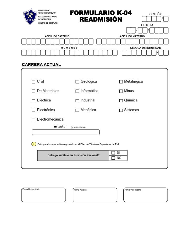 Formulario K-04 para Readmisión FNI | PDF