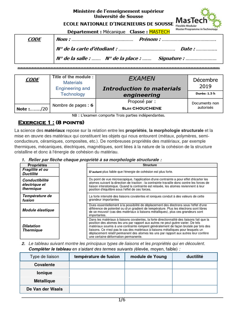Examen Intoduction To Materials Engineering 2019 Site | PDF