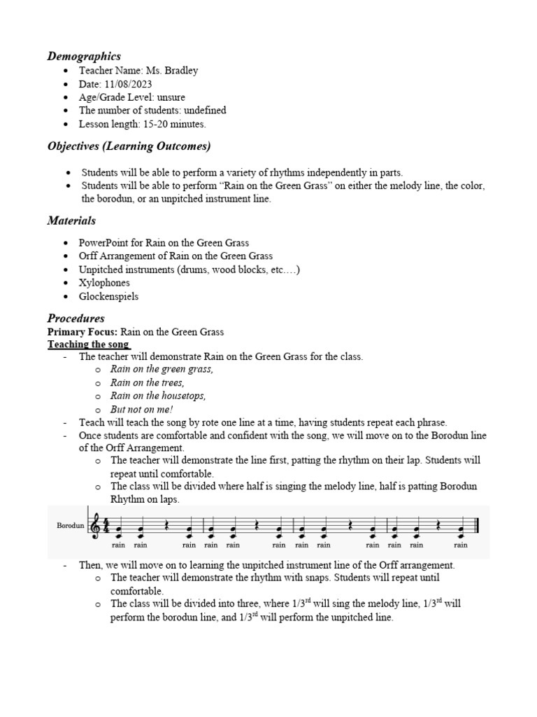 Orff Lesson Plan: Rain on the Green Grass | PDF | Musical Instruments ...