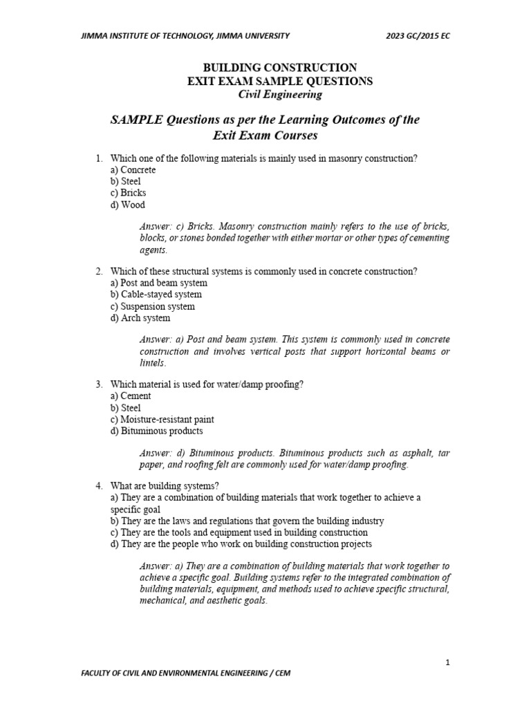 Building Construction Exit Exam Questions | PDF | Wall | Window