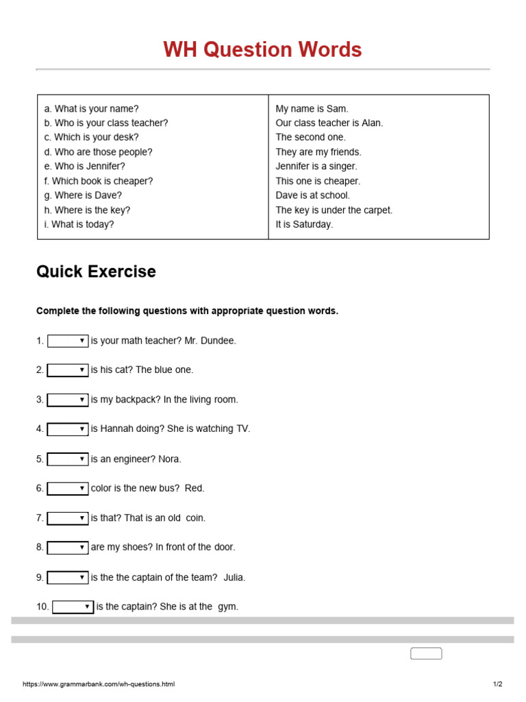 WH Questions Exercises 1 - GrammarBank | PDF