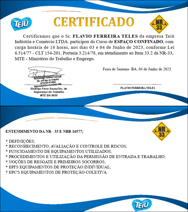 Modelo de Certificado de NR 33 | PDF