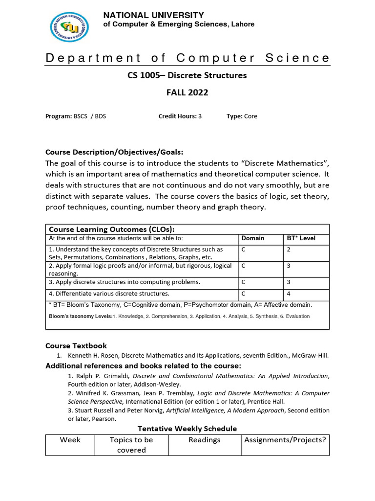 Discrete Structures Course Outline Fall 2022 CS | PDF | Discrete ... Discrete Structures Course Outline Fall 2022 CS | PDF | Discrete ...