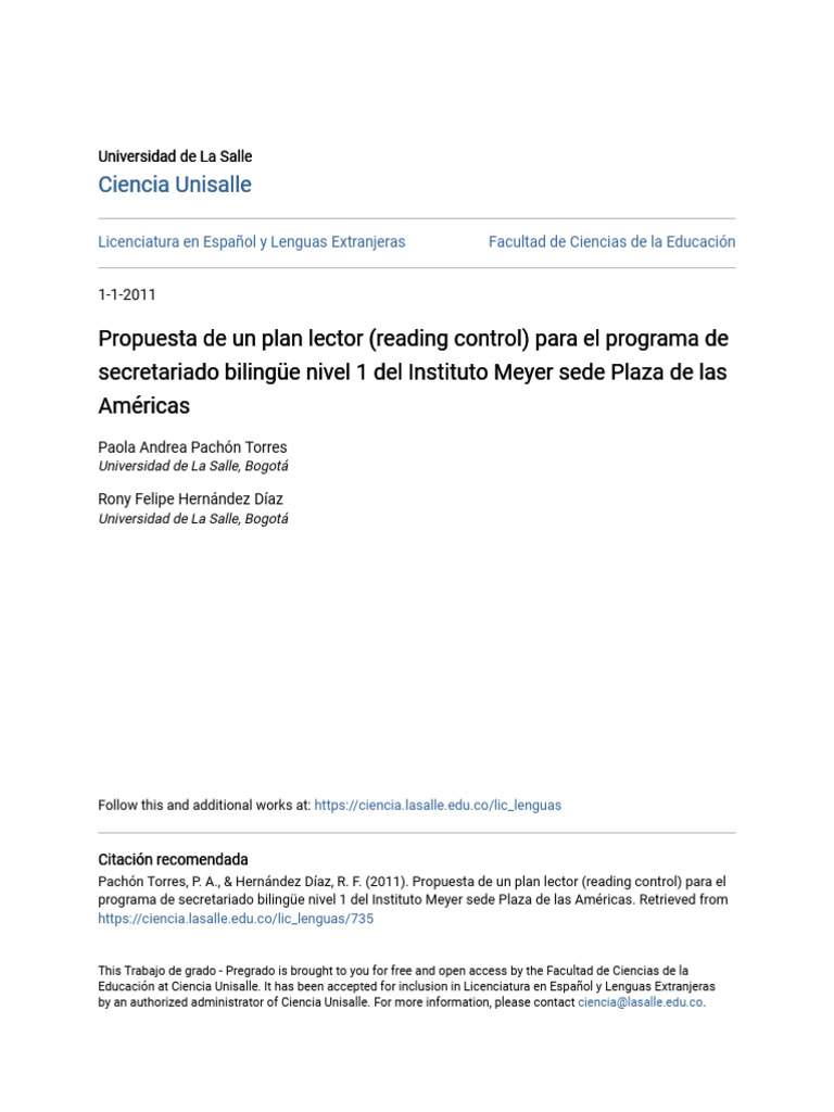 Propuesta de Un Plan Lector (Reading Control) Para El Programa de (1) | PDF
