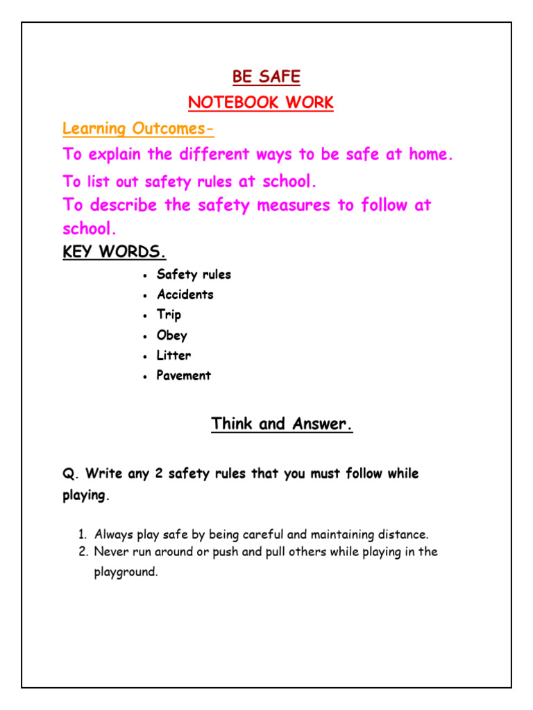 Be Safe - NOTEBOOK WORK | PDF