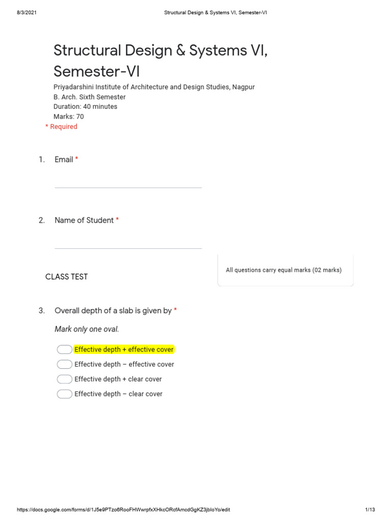 Structural Design Test for B.Arch Students | PDF | Beam (Structure ...