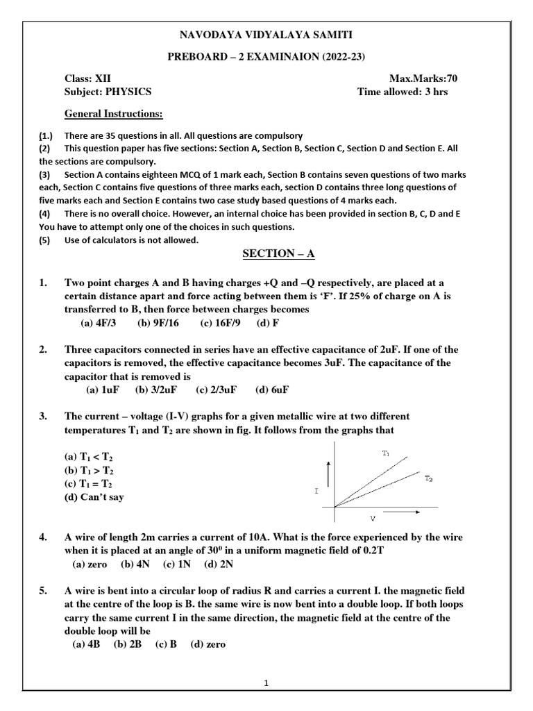 XII Physics QP Preboard II - Set 6 | PDF | Science & Mathematics