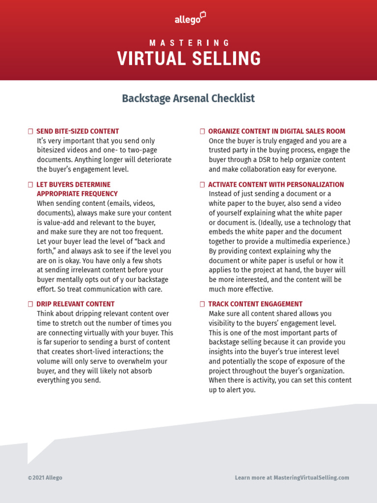 MasteringVirtualSelling - Sample Backstage Checklist | PDF ...
