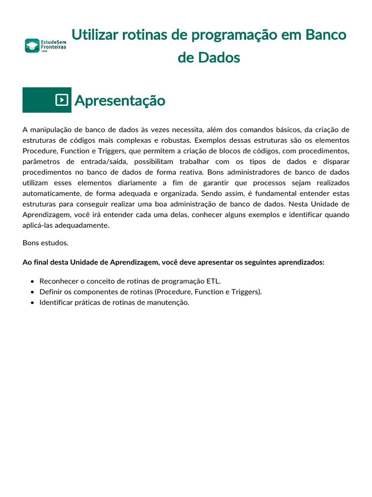 Rotinas de Programação em Banco de Dados | PDF | Computadores