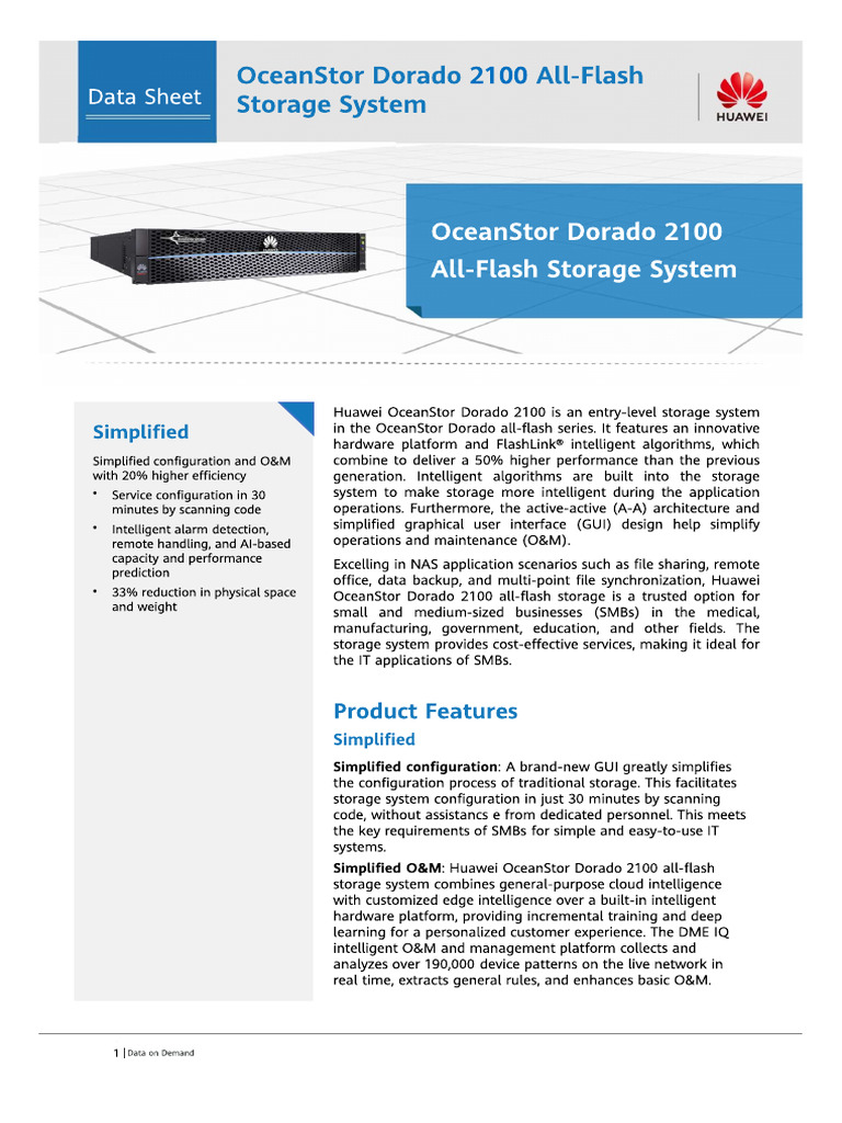 Huawei OceanStor Dorado 2100 All-Flash Storage System - Data Sheet | PDF