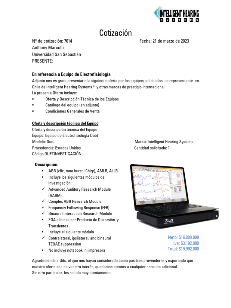 Cotización 7014 DUET Electrofisiología Investigación Anthony Marcotti ...