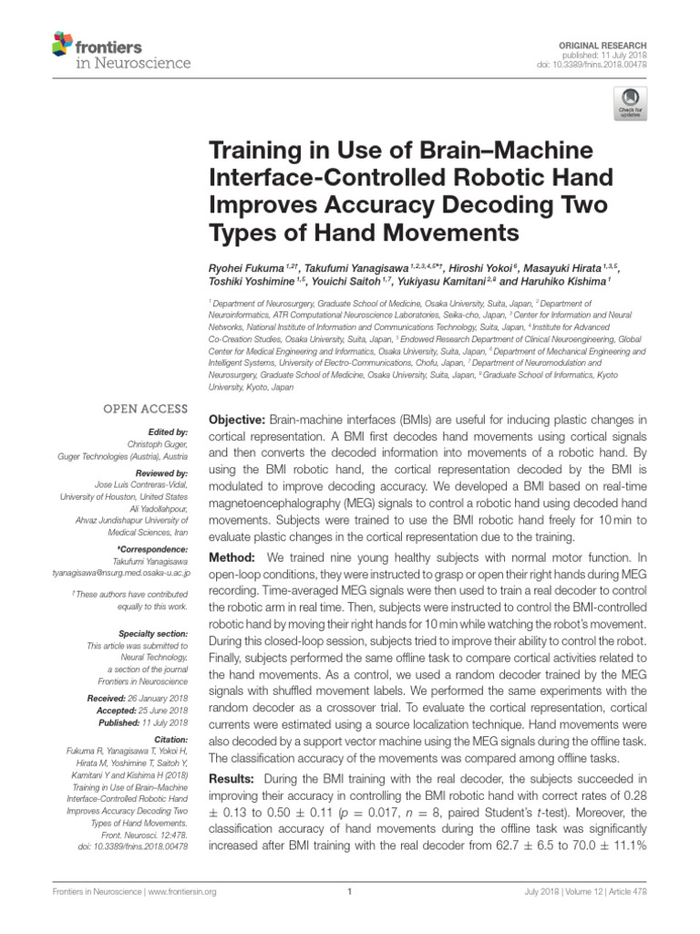 Brain–Machine Interface-Controlled Robotic Hand | PDF