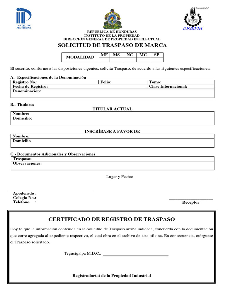 Solicitud de Traspaso de Marca | PDF