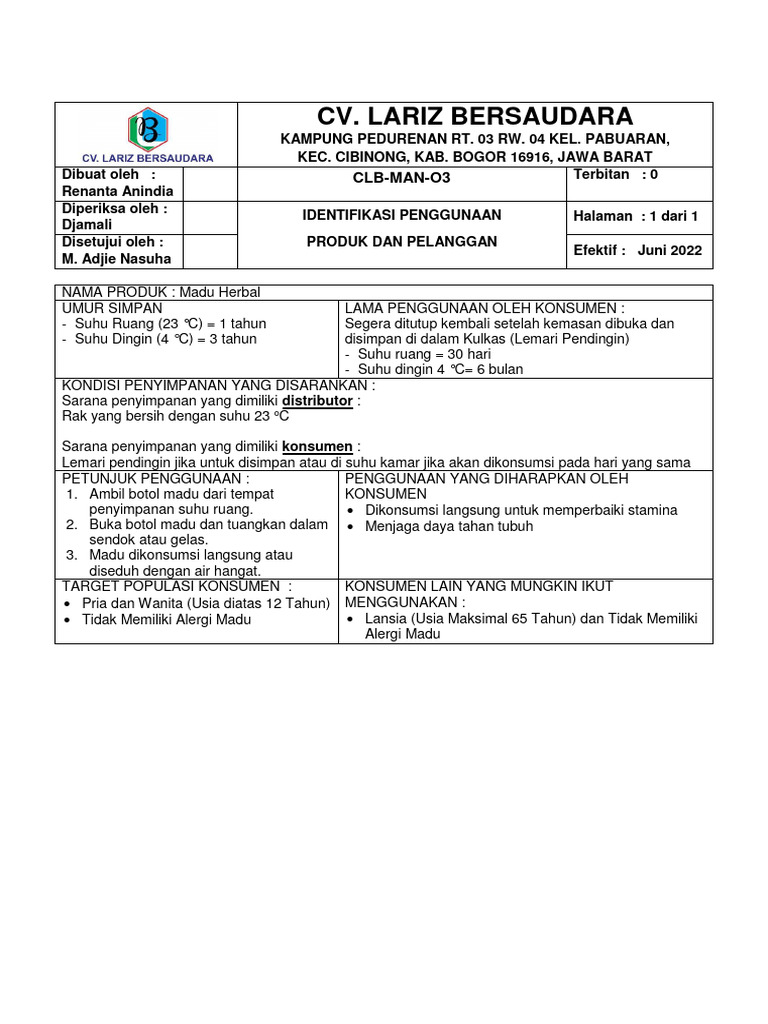 CLB-MAN-03 Identifikasi Penggunaan Produk Dan Pelanggan | PDF