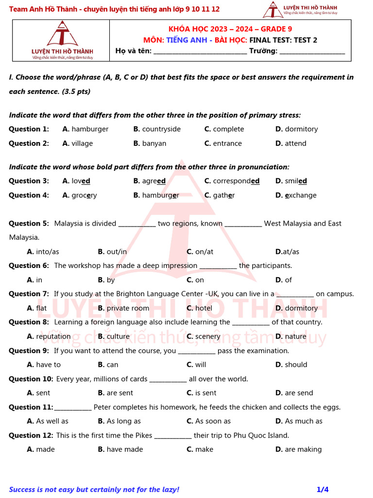 Review Final Term Test 2 Thcs Nguyen Hue Pdf Indonesia