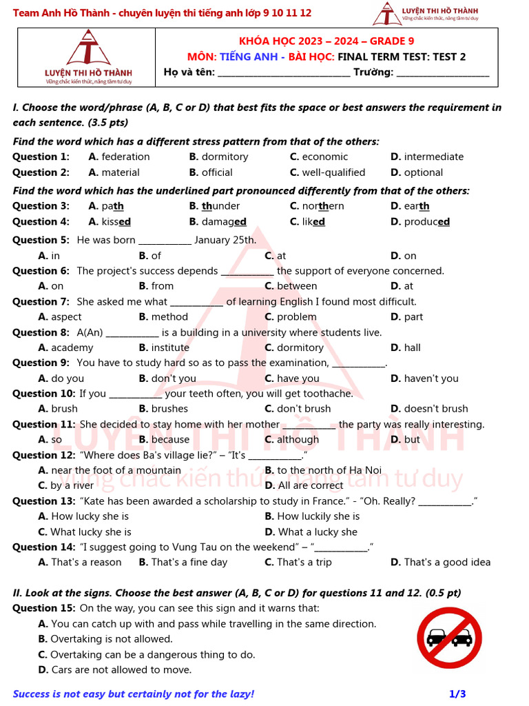 (Review) Final Term Test 3 - THCS Nguyen Hue | PDF | Sydney