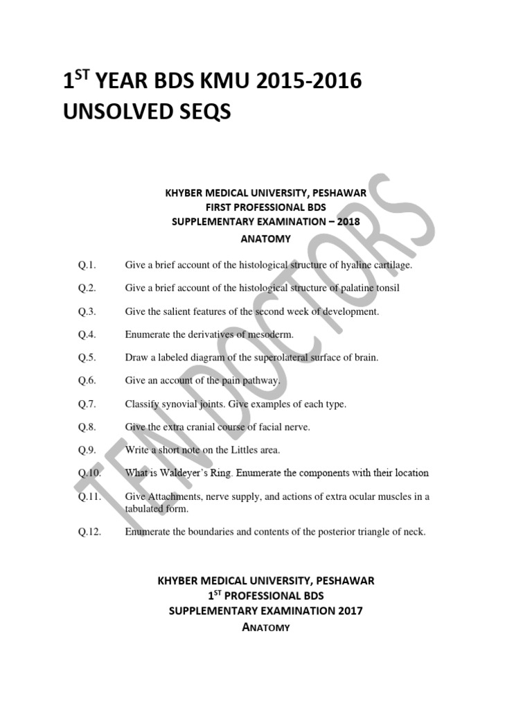 Ten Doctors - 1st Year Bds Kmu 2015-2019 Unsolved Seqs | PDF