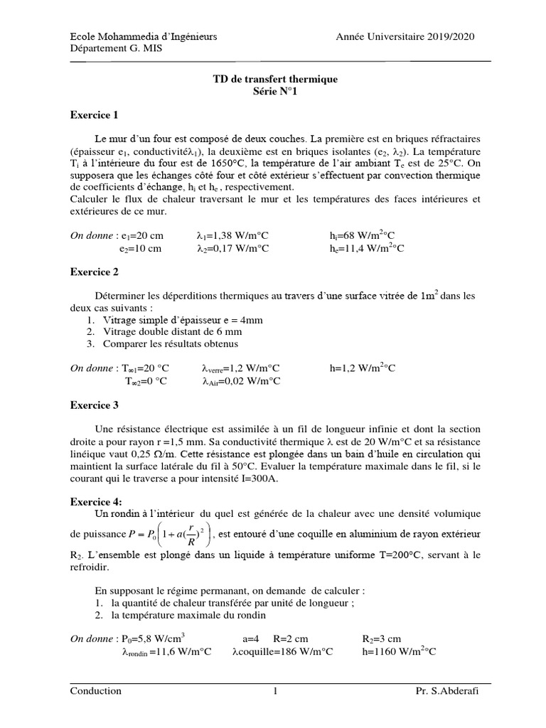TD Thermique Série1 | PDF | Transfert thermique | Conduction thermique