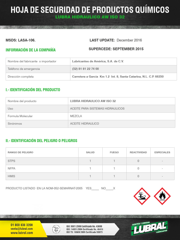 Lubra Hidraulico Aw Iso 32 | PDF | Agua | Toxicidad