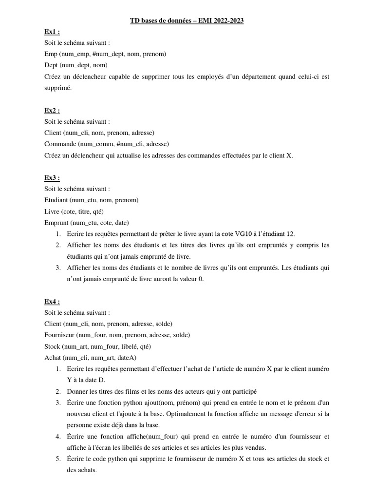 TD Bases de Données - EMI 2022-2023 Ex1 | PDF