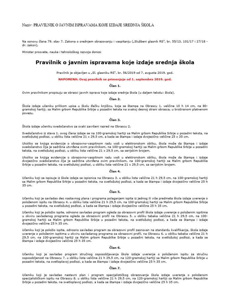 Pravilnik o Javnim Ispravama Koje Izdaje Srednja Skola 2019.compressed ...