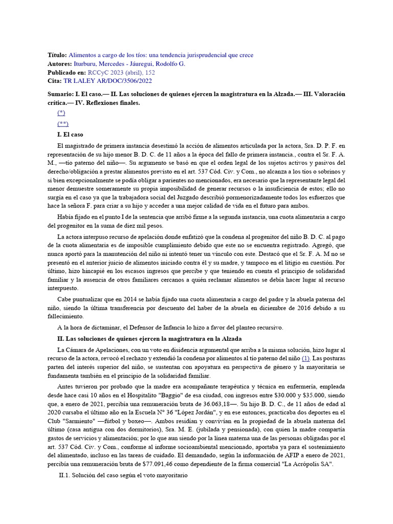 Alimentos A Cargo de Los Tios - Una Tendencia Jurisprudencial Que Crece. Iturburu, Mercedes ...