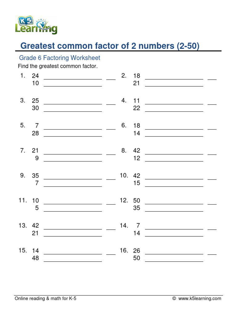 Grade 6 Greatest Common Factor GCF 2 Numbers 2 50 B | PDF