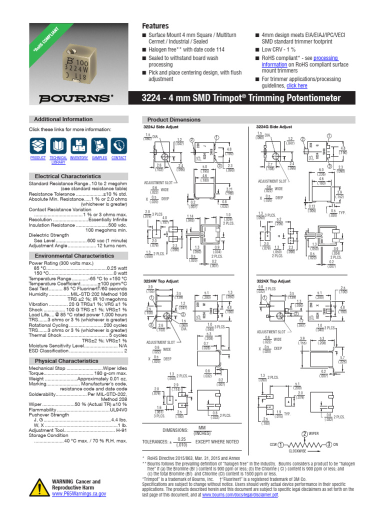 3224 - 4 MM SMD Trimpot Trimming Potentiometer: Features | PDF