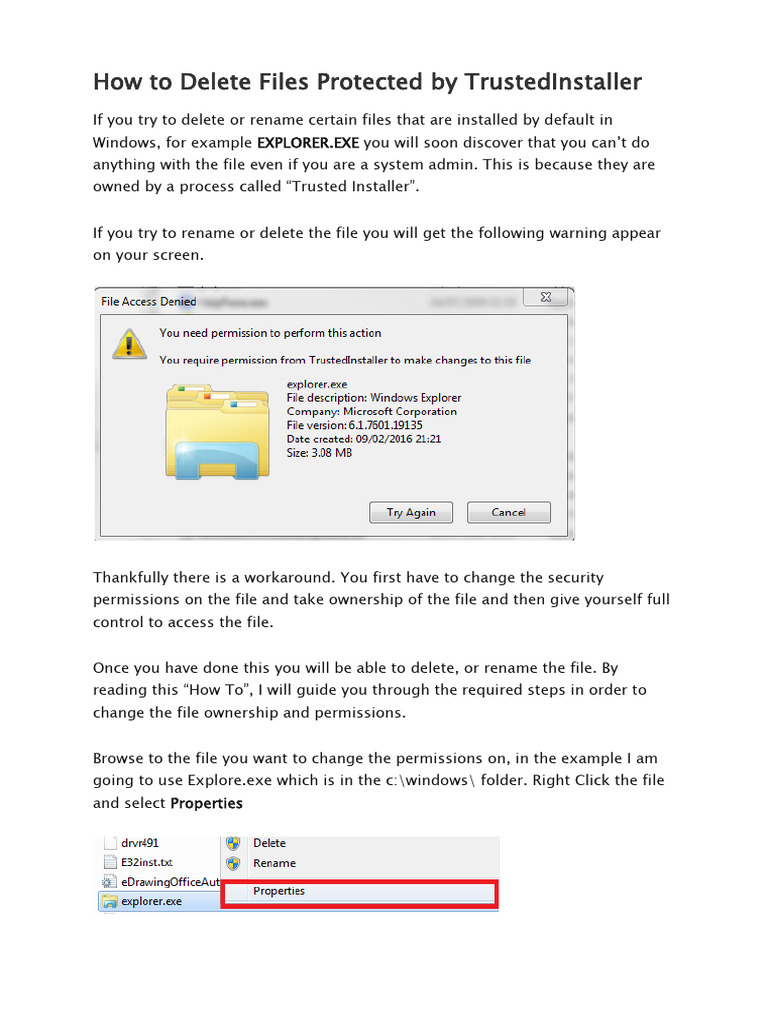 How To Delete Files Protected by TrustedInstaller | PDF | Computer File | Software