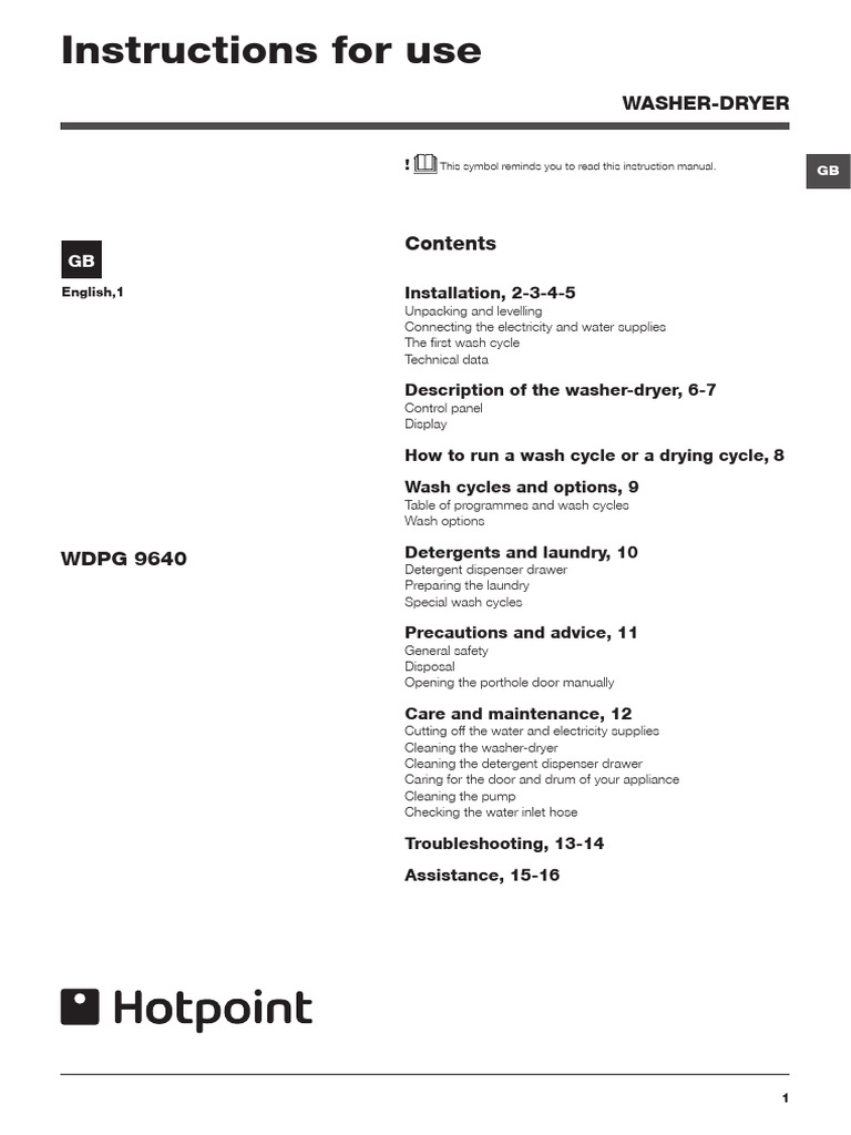Hotpoint Washing Machine Aquarius WDPG 9640 Manual | PDF
