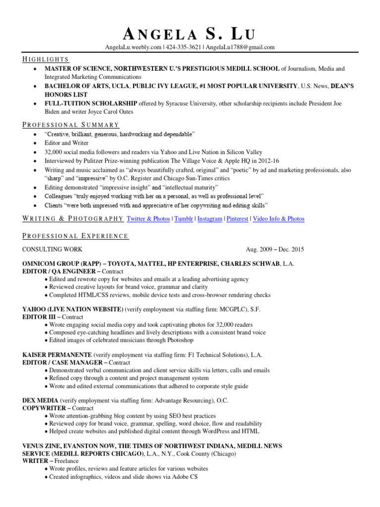 Angela Lu - Resume - Nov | PDF | Editing | Social Media