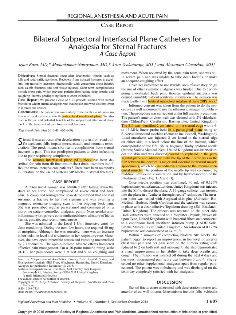 2016 Bilateral Subpectoral Interfascial Plane Catheters For Analgesia ...