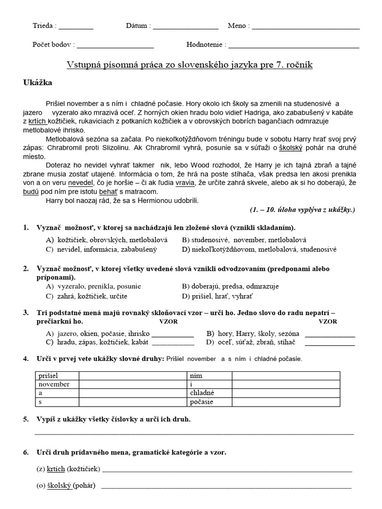 SJL 7 - Vstupna Pisomna Praca Odpovede Bodovanie Stupnica | PDF