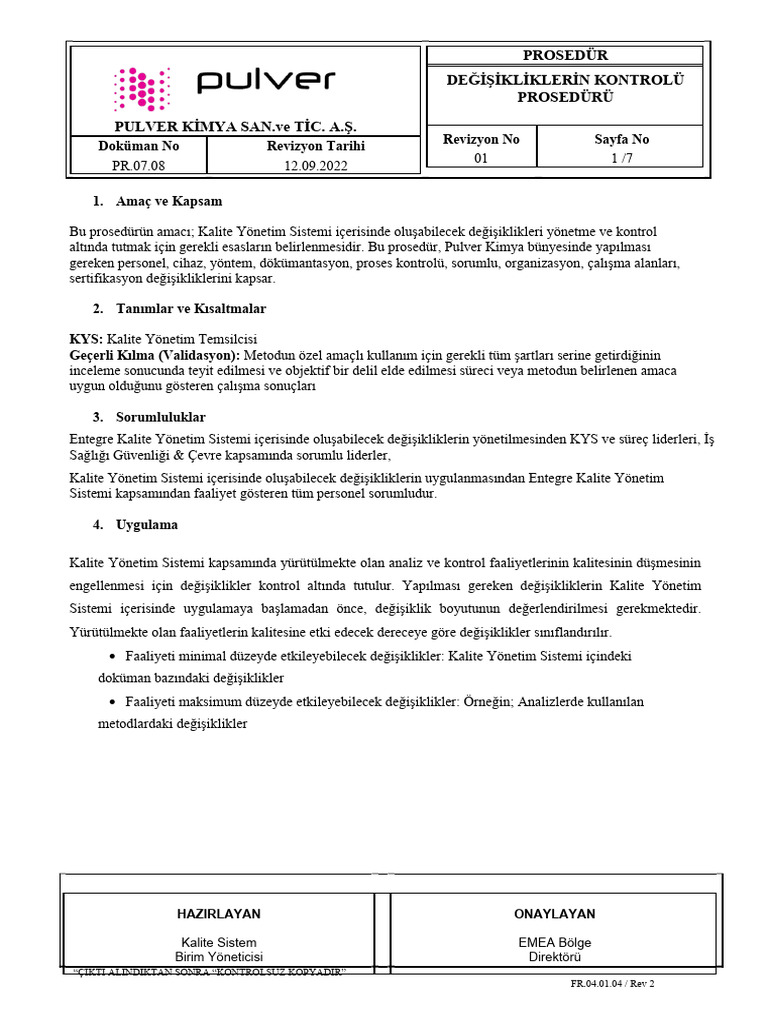 PR.07.08. Değişikliklerin Kontrolü Prosedürü. Rev01 | PDF