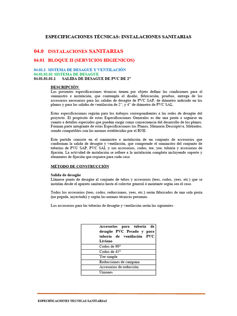 Especificaciones Tecnicas Sanitarias | Descargar gratis PDF | Tubería (transporte de fluidos) | Agua