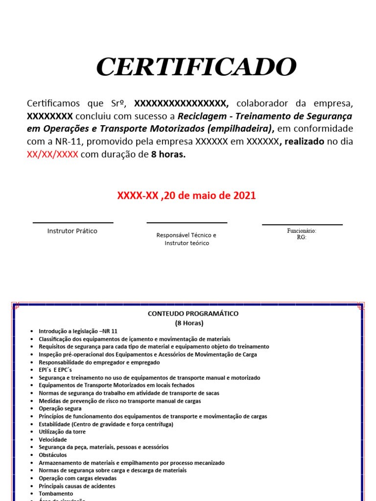 MODELO de Certificado - NR 11 Empilhadeira 2 | PDF