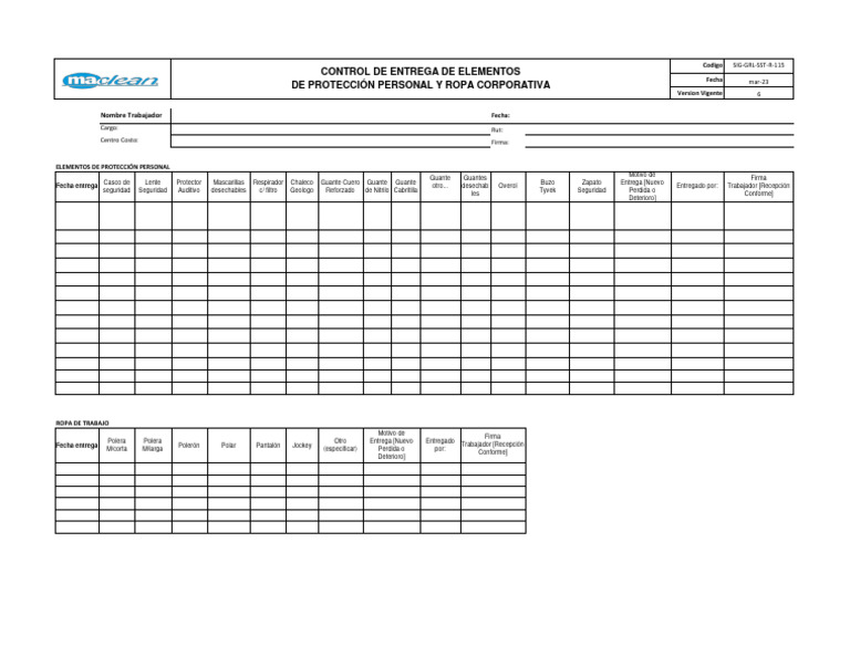 SIG-GRL-SST-R-115 Control de Entrega de Elementos de Proteccion Personal V6 - Mar2023 | PDF ...
