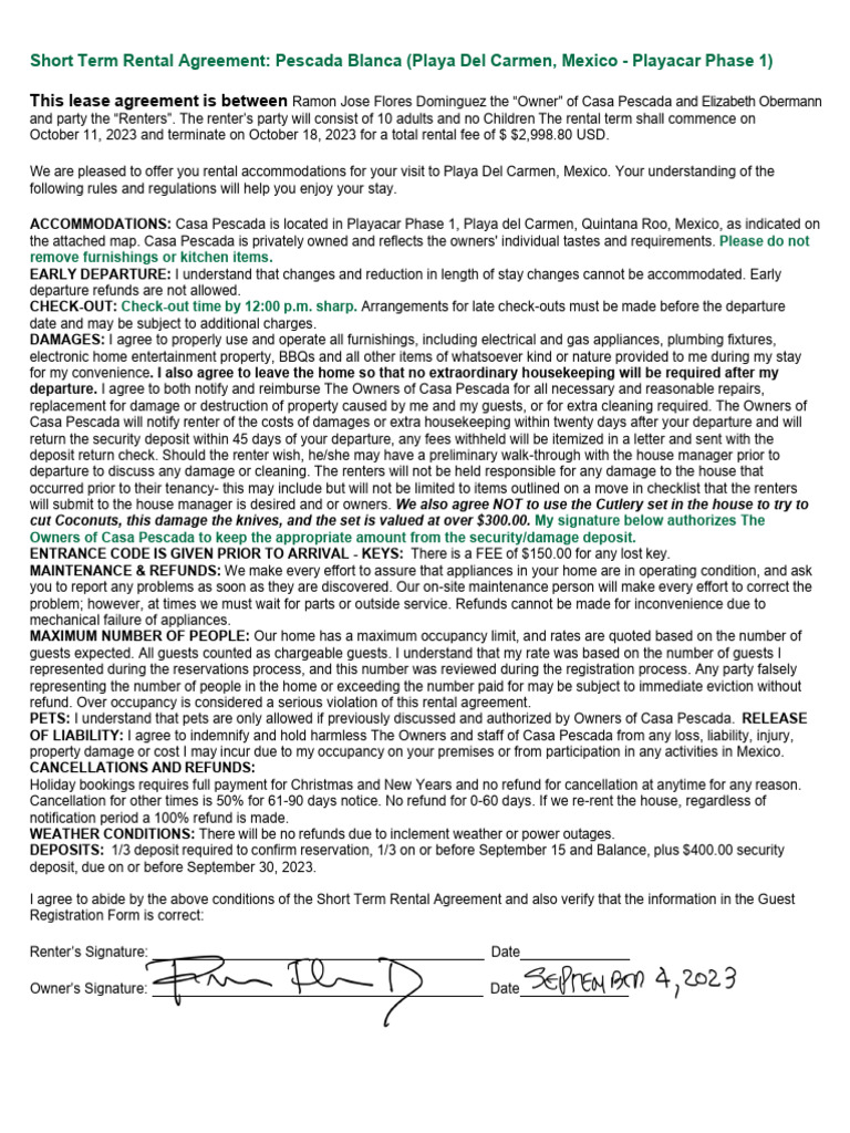 Rental Agreement Casa Pescada Elizabeth Obermann | PDF | Renting ...