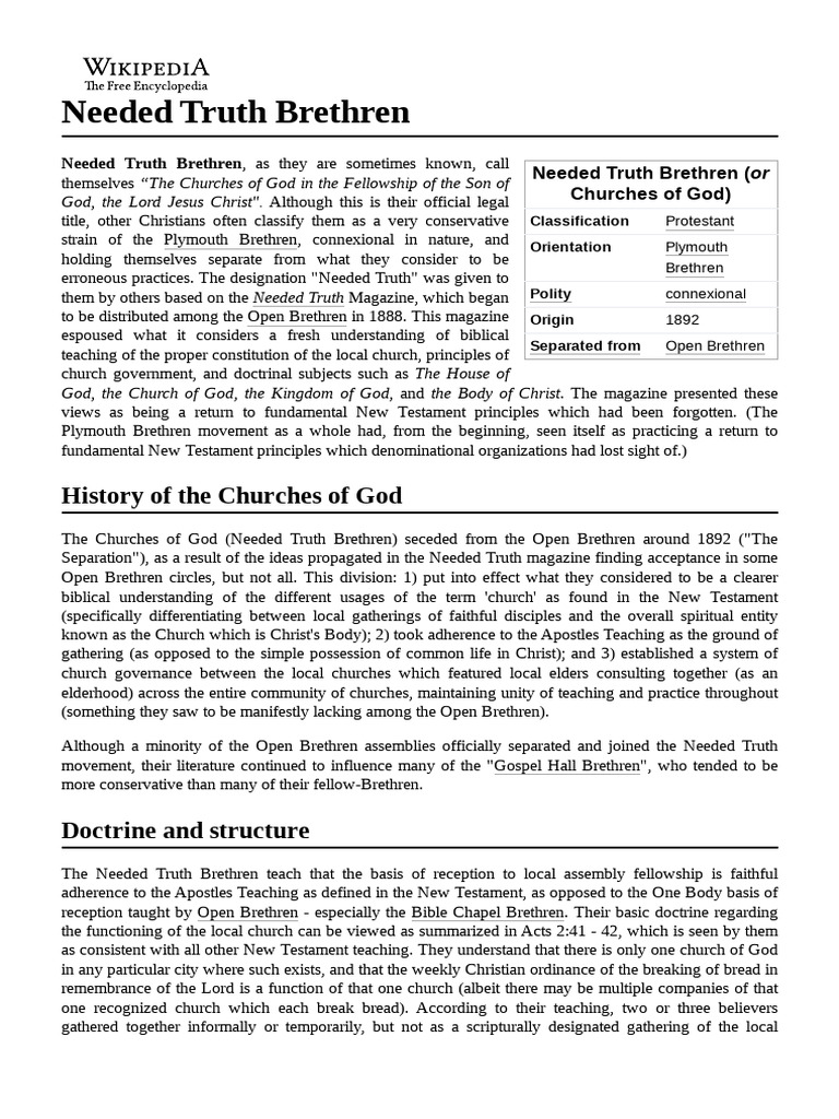 Needed Truth Brethren | PDF | Christian Denominational Families ...