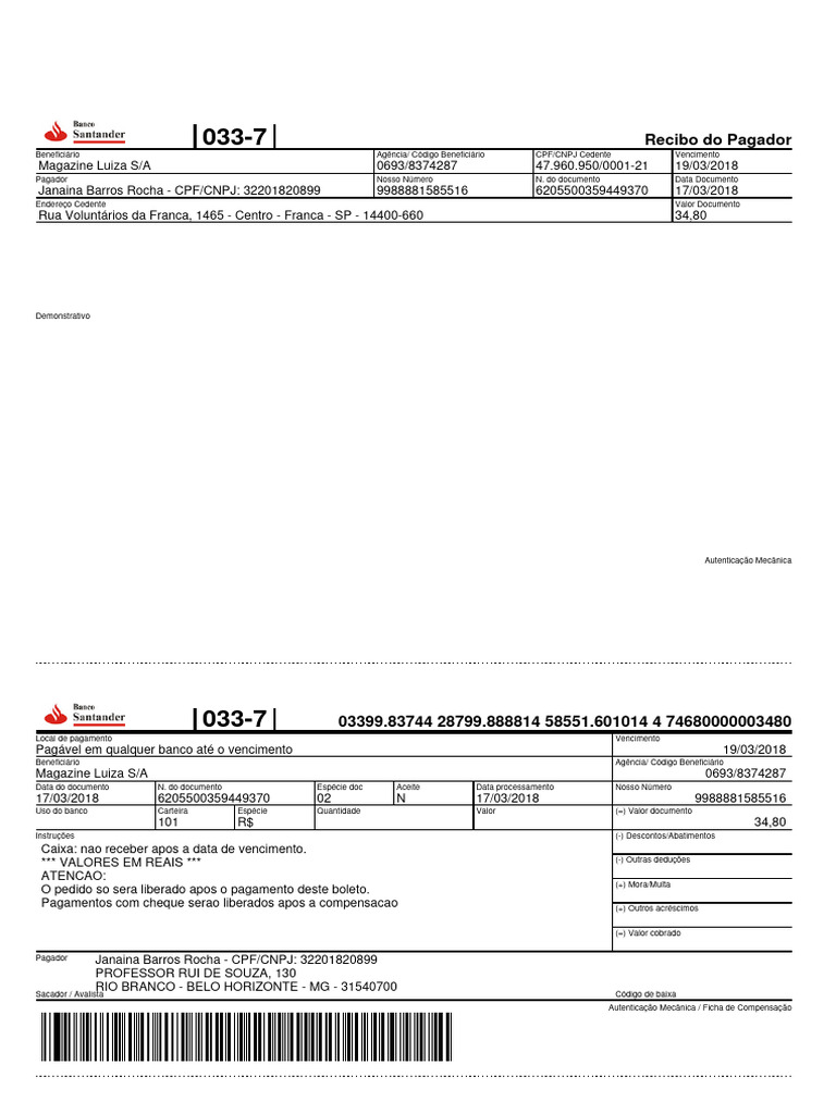 boleto magazine luiza ate dia 19 | PDF | Finanças pessoais | Dinheiro