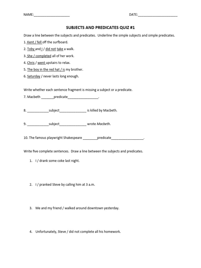 Subjects & Predicates Quiz #1 | PDF | Language Arts & Discipline
