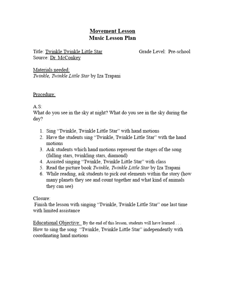 Twinkle Twinkle Lesson Plan | PDF | Stars | Learning