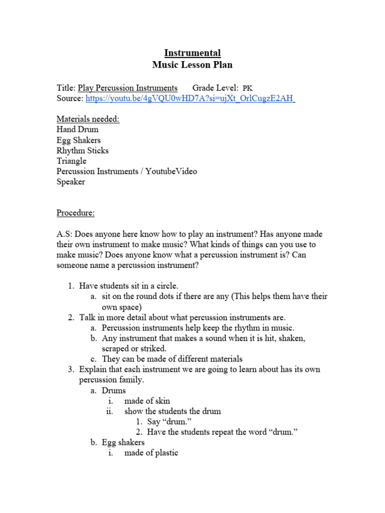 Play Percussion Instrument Sing Along-Instrumental Lesson Plan ...